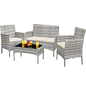 Greesum Patio Furniture 4 Pieces Conversation Sets Outdoor Wickerr Rattan Chairs Garden Backyard Balcony Porch Poolside loveseat with Soft Cushion and Glass Table, Gray and Beige