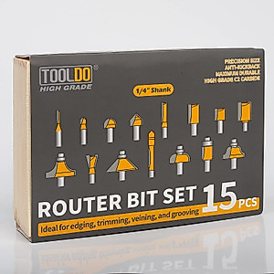TOOLDO Router Bits 15 Pcs Set with Wooden Box, 1/4 Inch Shank with High-End Carbide Router Bits Kit, for Woodwork Project