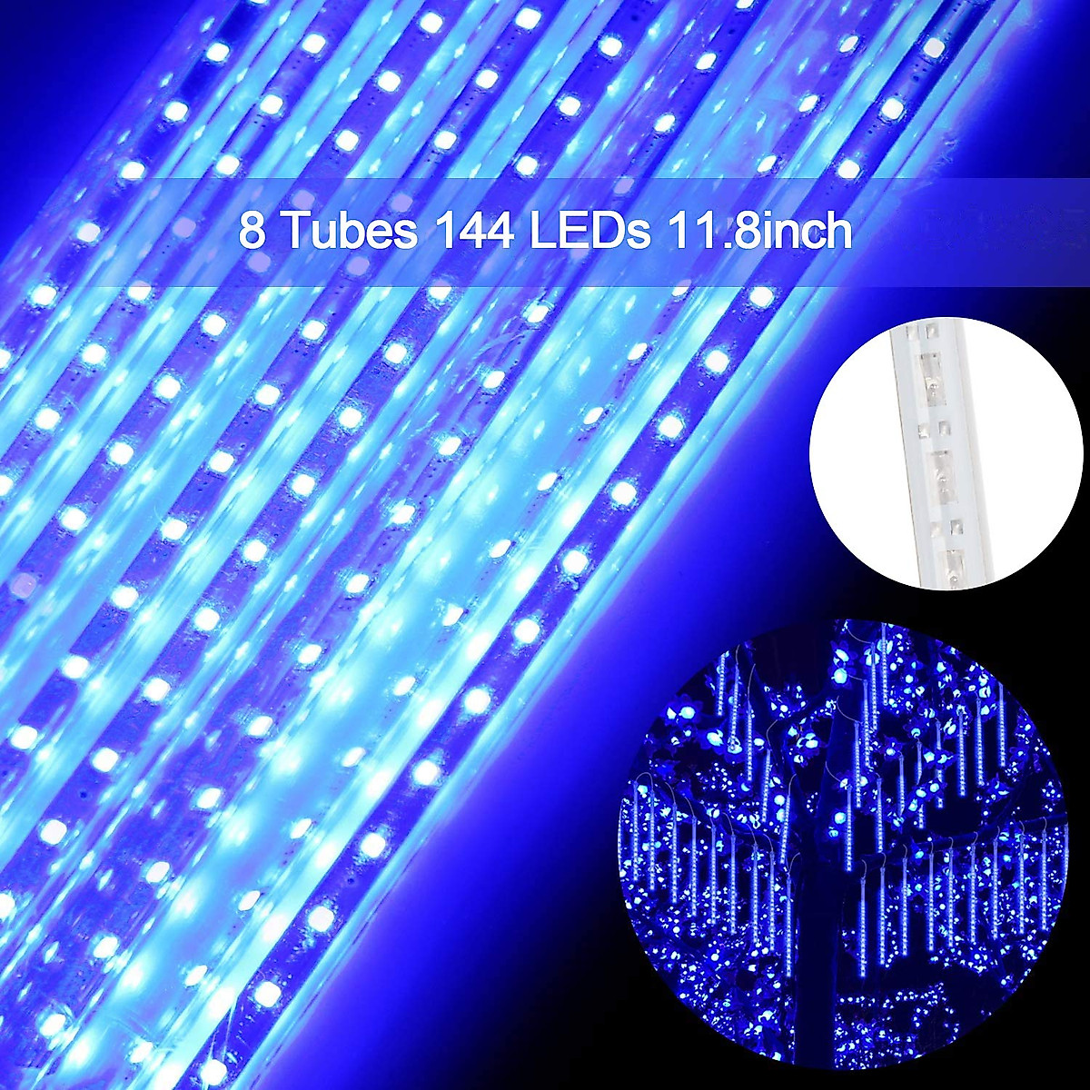 Christmas Decorations, Outdoor Solar Christmas Lights, 12 inch 8 Tube 144 LED IP65 Waterproof Falling Meteor Shower Rain Lights for Holiday Xmas Wedding Party Garden Home Patio Yard Tree Decor (Blue)