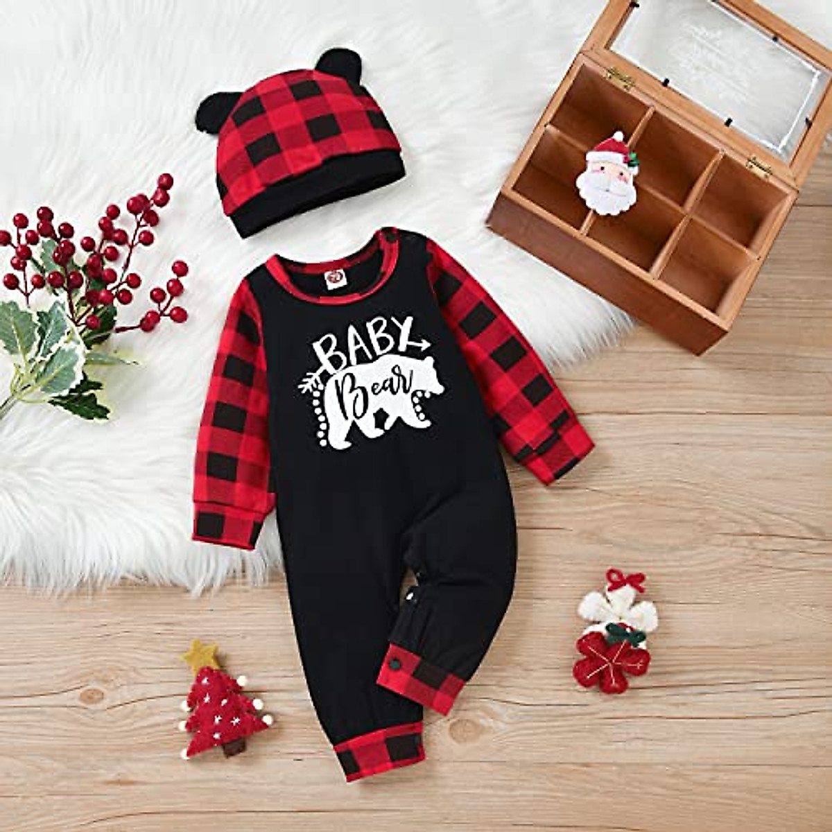 Aalizzwell Infant Baby Romper Toddler Brother Christmas Matching Outfits Xmas Buffalo Plaid Bear Boys Clothes 0-3 Months