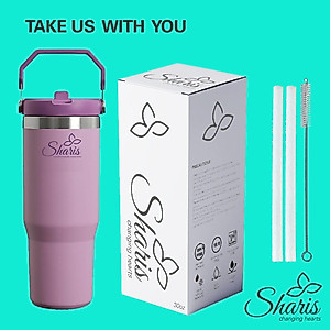 SHARIS 30 oz Tumbler with Flip Straw - Leak Proof - Water Tumbler with Flip Handle - No Spill Tumbler - Cup Friendly -Vacuum Insulated - Handle on Top - Bonus 1Straws 1 Cleaning Brush (Black)
