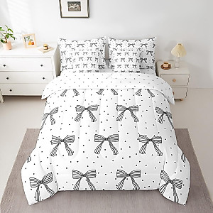 7 Pieces Cute Bowknot Girlish Comforter Full Size,Cartoon Bow-tie Princess Bedding Set,Geometric Dots Zebra Stripes Black White Simple（Comforter+Fitted+Flat Sheet+2 Pillowcases+2 Throw Pillow Covers）
