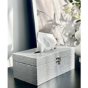 MODE HOME Rectangular Wooden Tissue Box Cover Silver Glitter Leather Tissue Box Holder with Metal Clasp for Living Room, Bathroom, Bedroom, Dryer Sheet Holder for Laundry Room Decor