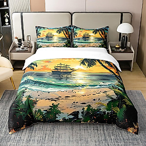 Erosebridal Coconut Tree Duvet Cover Hawaii Ocean Beach Botanical Quilt Cover Sailboat Sunset Print Comforter Cover Nature Tropical Landscape Theme Bedspread Cover Summer Holiday Room Decor Queen