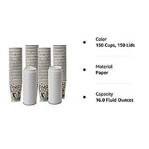 Dixie PerfecTouch WiseSize Coffee Design Insulated Paper Cup, 16oz Cups and Lids Bundle (16 oz, 150 Cups, 150 Lids)