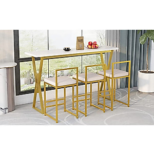 Fashion 4-Piece Counter Height Dining Table Set,Extra Long Console Bar Dining Table Set with 3 Padded Stools,Gold Metal Frame Kitchen Set for Small Places,Dining Area,Kitchen,Breakfast Nook,Home Bar.