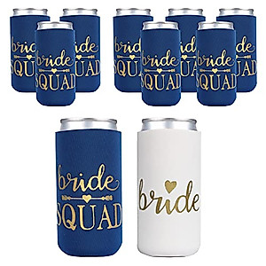 PartyGifts&Beyond 10Packs Bridemaids Can Cooler, Bride Squad Can Sleeve for Bachelorette Party Decoration(Navy Blue), 14*9