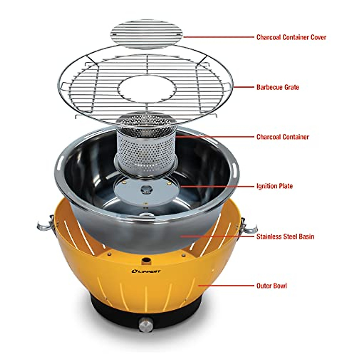 Lippert Odyssey Portable Grill - Compact and Versatile Charcoal Grill for Camping, Tailgating, and Outdoor Cooking - Lightweight and Durable Design with Large Cooking Surface - Red