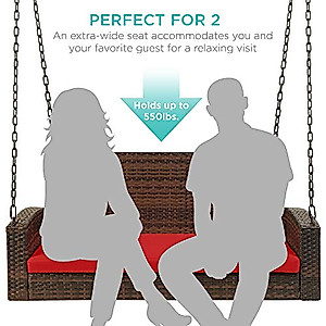 Best Choice Products Woven Wicker Outdoor Porch Swing, Hanging Patio Bench for Deck, Garden w/Mounting Chains, Seat Cushion - Brown/Red
