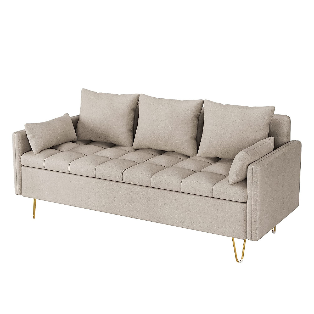Senfot Sofa Couch Faux Leather 60" W Sofas with Lift-Up Storage and Comfortable Hand Stitched, Pillows, Modern Design with Button Tufted and Gold Metal Legs in Beige
