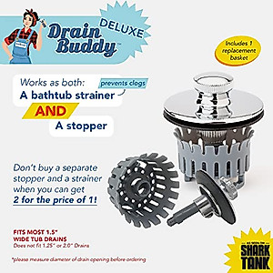 Drain Buddy Deluxe 1.5” Wide Bathtub Drain Stopper with Hair Catcher | Fits 1.5" Wide x 1.25" Deep Tub Drains | Easy Install to Prevent Tub Clogs | Chrome Plated Metal Cap w/ 1 Replacement Basket
