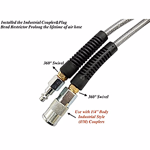 SANFU Polyurethane(PU) Air Hose 1/4-Inch x 100ft Reinforced, lightweight Anti-low temperature 300PSI with 1/4” Swivel Industrial Quick Coupler and Plug, Bend Restrictor, Silver Gray(100’)