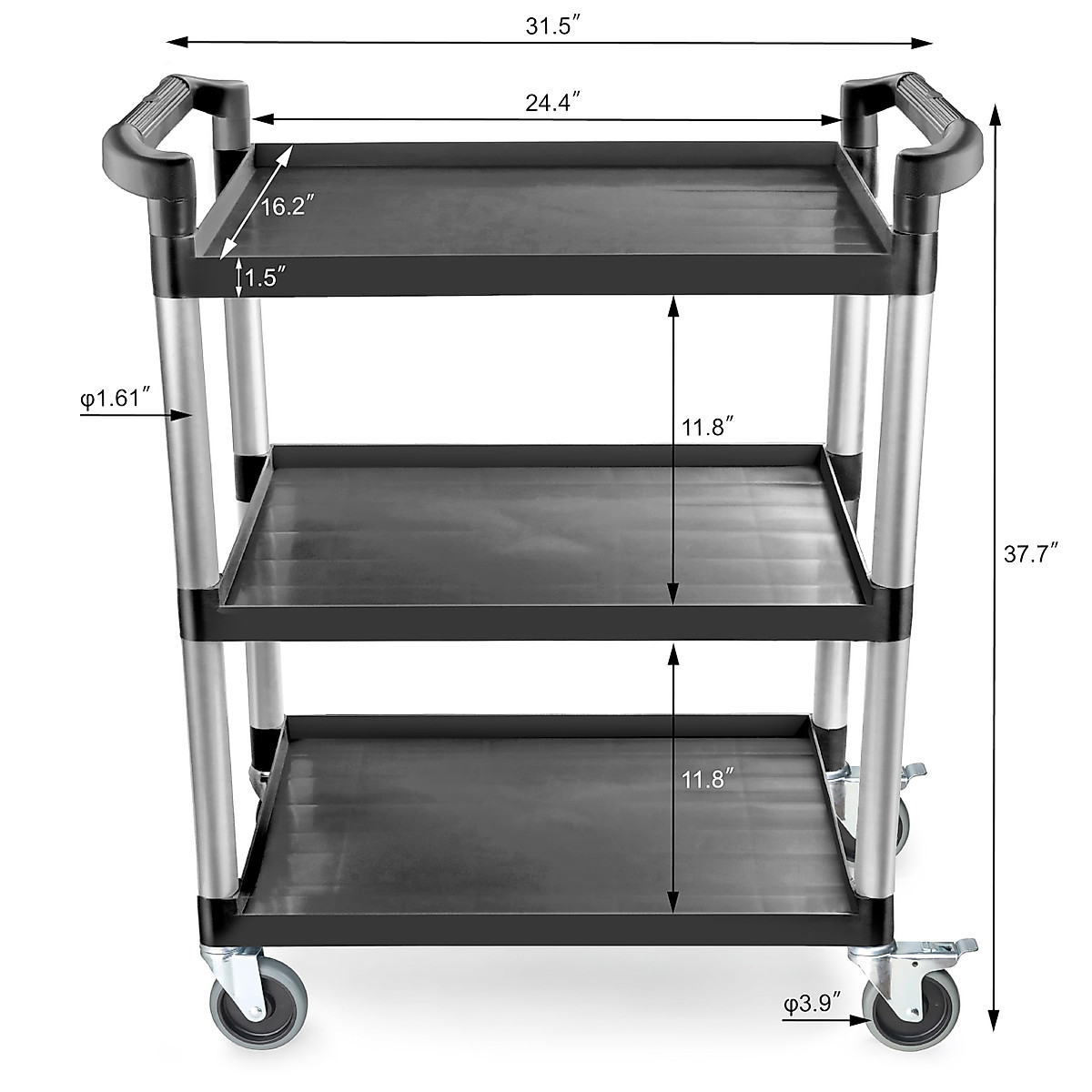 New Star Foodservice 54538 250-Pound Plastic 3-Tier Utility Bus Cart with Locking Casters, 32" x 16" x 38", Black