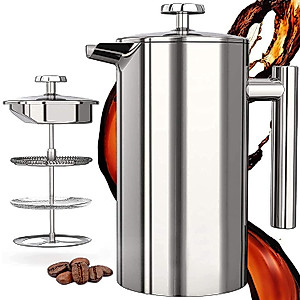 French Press Coffee Maker,Espresso And Tea Maker with Triple Filters,Stainless Steel 304 with Double-Wall Insulated Coffee Presser And Tea Pot