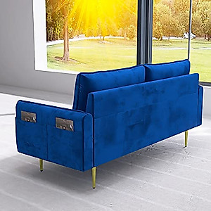 COULDWILL Velvet Small Sofa Mid-Century Modern Loveseat Couch with 2 Waist Pillows and Pockets, 71'' Comfy Sofa for Living Room and Studio, Blue