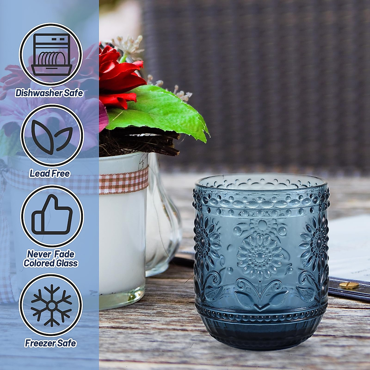 Wongblee Floral Embossed Water Glasses 12 Oz, Vintage Drinking Glasses Set of 4, Colored Glass Tumblers (Green)