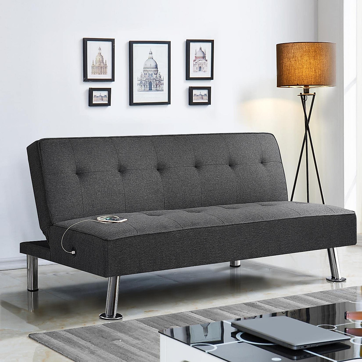Topeakmart Fabric Futon Sofa, Convertible Futon Bed, Folding Couch, Sectional Sleeper Sofa for Small Space with USB Ports, Folding Sofa for Compact Living Space, Apartment, Office, Living Room Gray