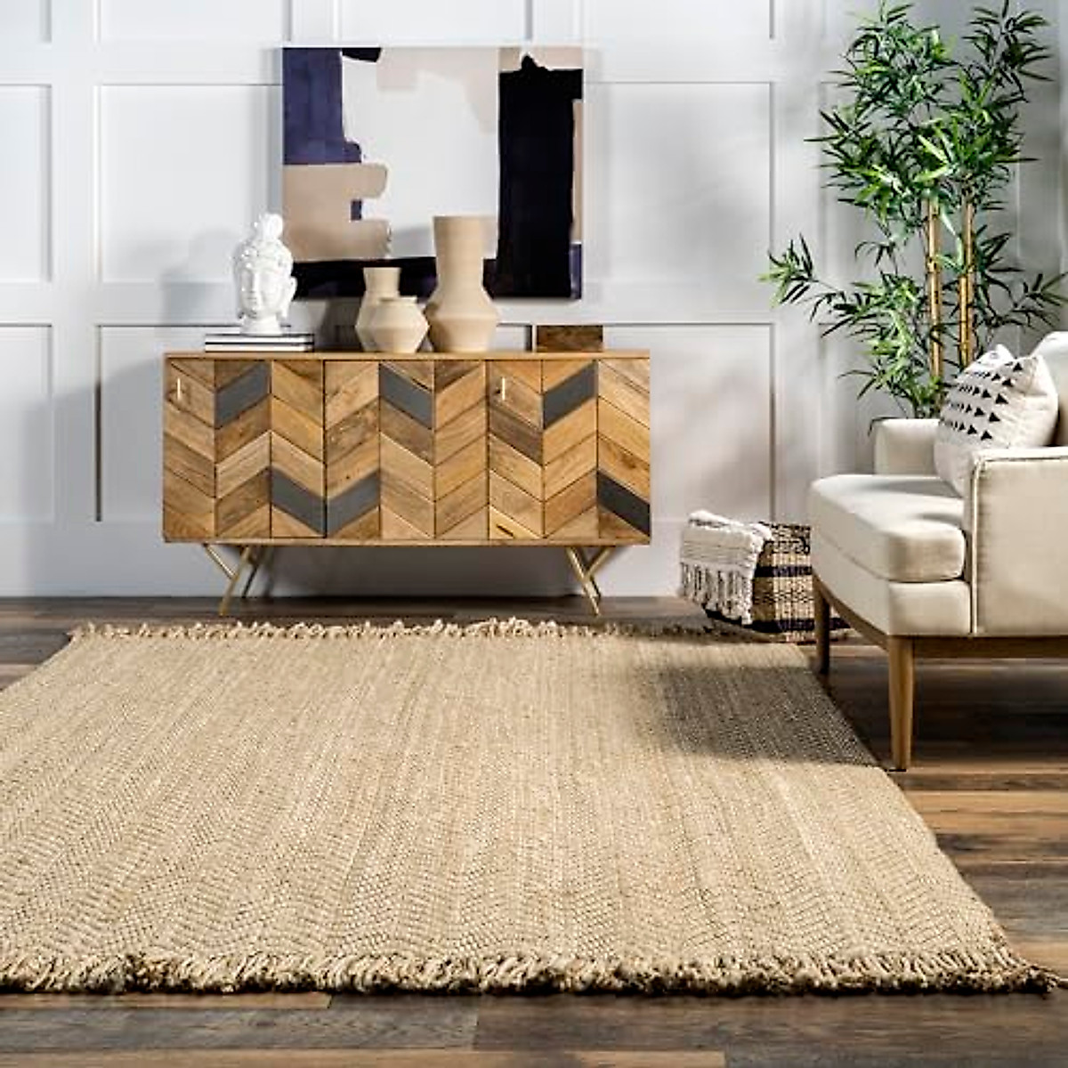 nuLOOM Don Chevron Jute Tasseled Accent Rug, 3' x 5', Off-white, Rectangular, 0.35" Thick