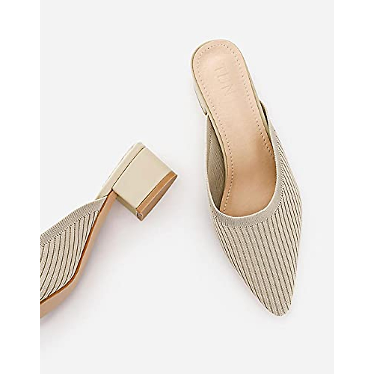 TIJN Pointed Toe Mules for Women Chunky Sandals Low Heeled Sandals Breathable Mesh Knit Slip on Flat Shoes(Helka) Cream