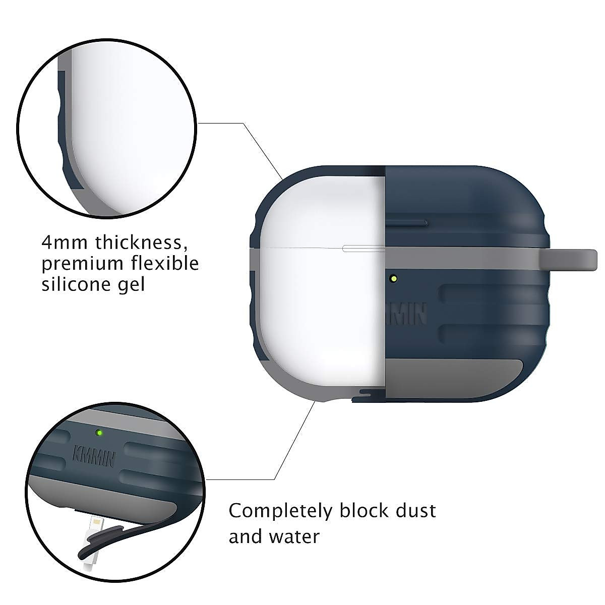 KMMIN Waterproof Case for AirPods Pro 1st & 2nd Generation, Premium Silicone Protective Case for AirPods Pro, Wireless Charging, Shockproof, Carabiner, LED Light Visible