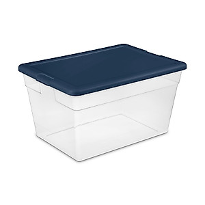 Sterilite Stackable 56 Quart Clear Home Storage Box with Handles and Marine Blue Lid for Efficient, Space Saving Storage and Organization (8 Pack)