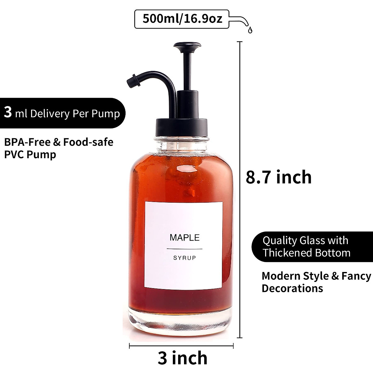 Glass Coffee Syrup Dispenser for Coffee Bar Accessories with 84 Labels (Set of 2), Syrup Pump Bottle for Coffee Bar , 16.9 oz, Matte Black