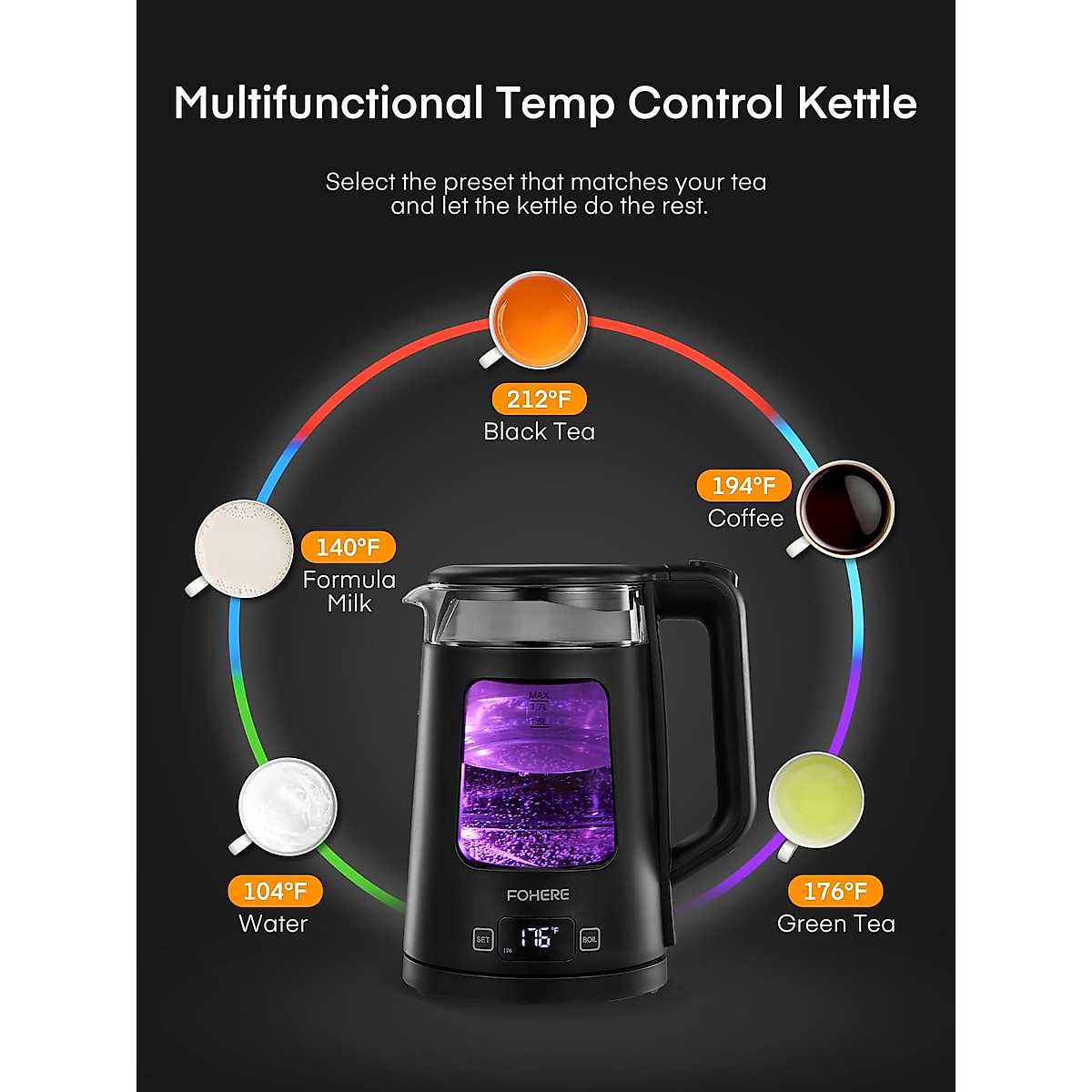 Electric Kettle, 1.7L Glass Tea Kettle, with Keep Warm, 5 Temperature Control, 1500W Fast Boil, Auto Shut-Off & Boil-Dry Protection, with 5 Colored Lights, Black