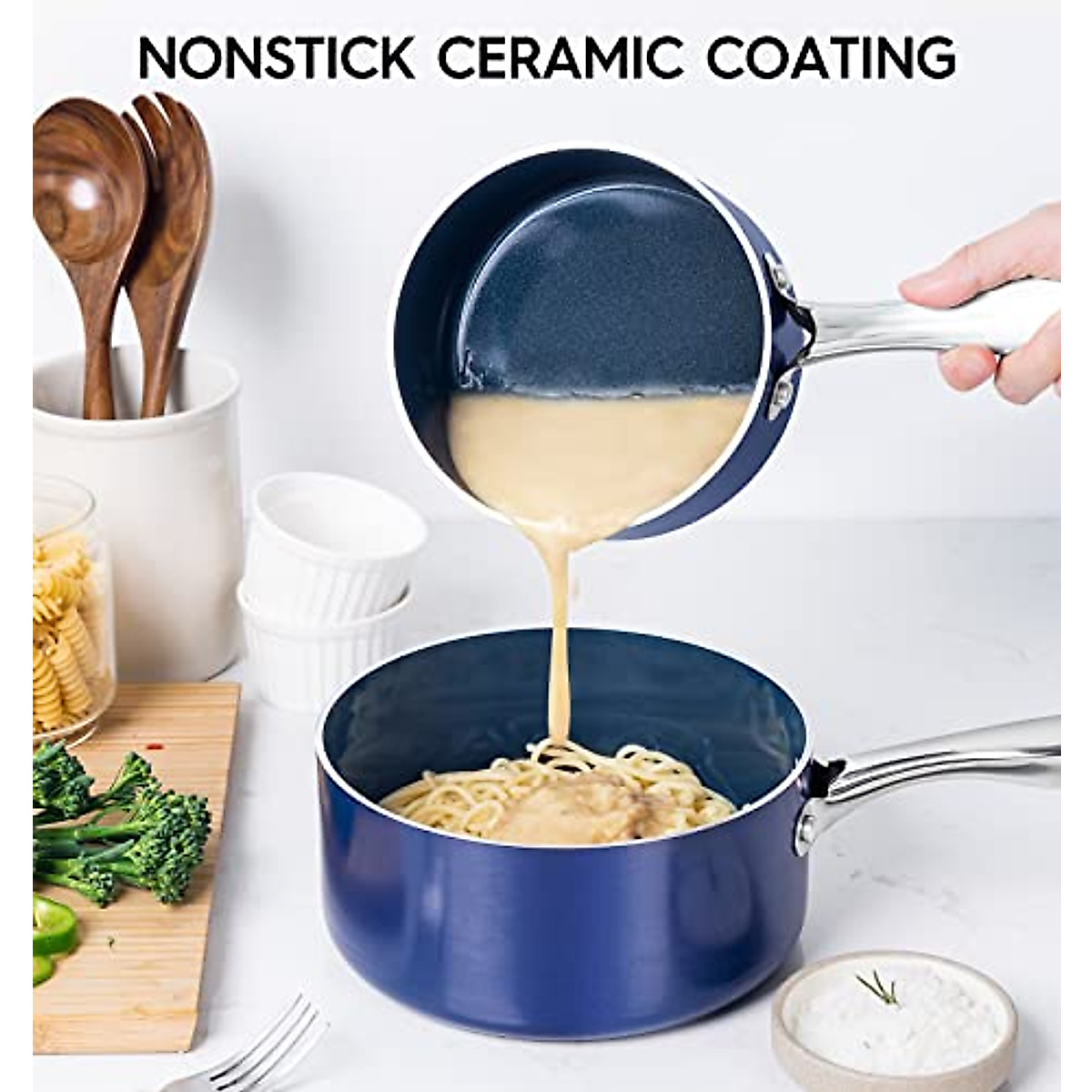 MICHELANGELO Sauce Pan Sets, Ceramic Saucepans with Lids, 1Qt & 2Qt & 3Qt Sauce Pans with Lid, Nonstick Saucepan Set, Small Pot with Stainless Steel Handle, Oven Safe, Blue