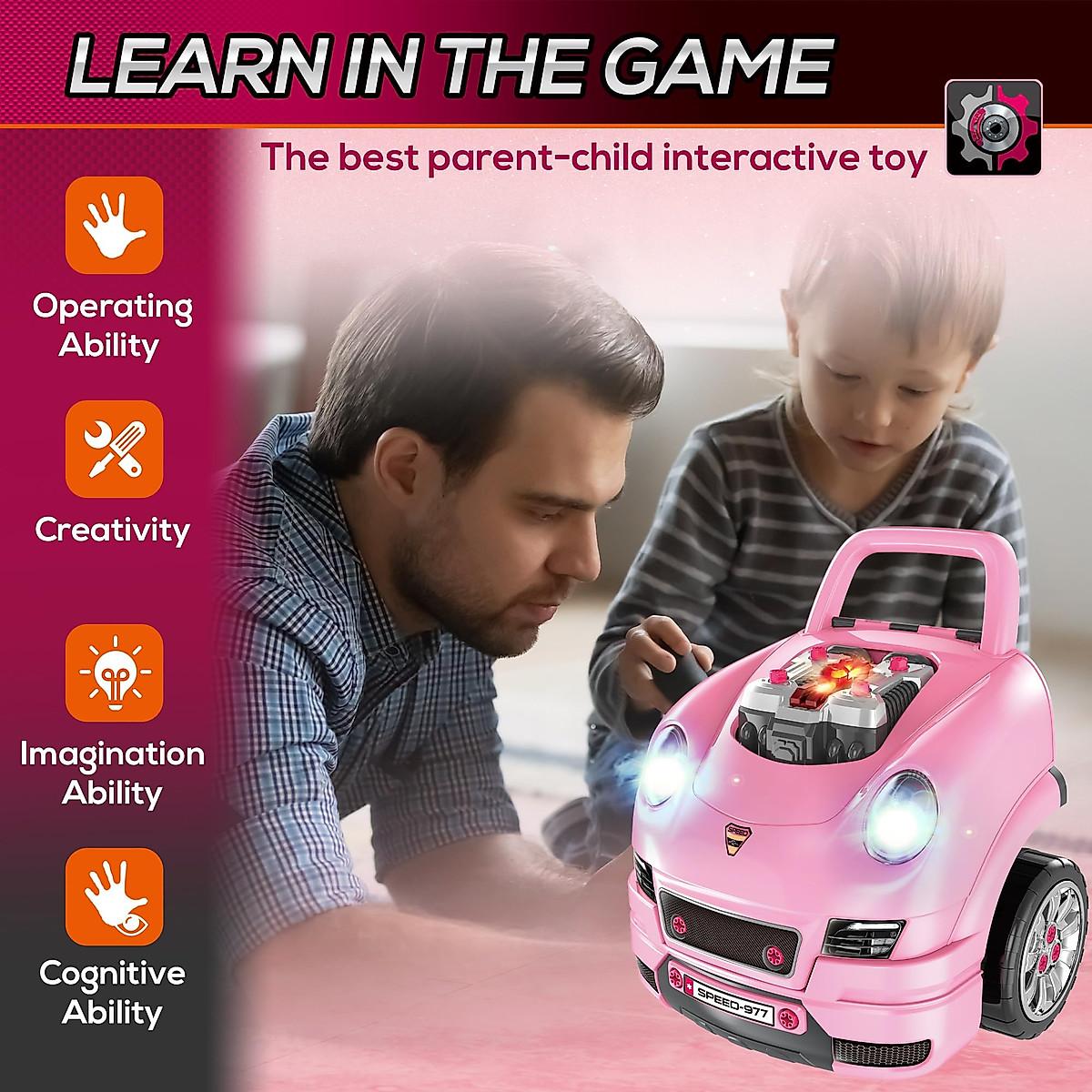 Qaba Kids Truck Engine Toy, Kids Mechanic Car Repair Set, Engine Disassembly Play Workshop, Includes 61 Pieces, Steering Wheel, Horn, Light for 3-5 Years Old, Red