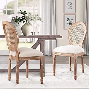 Nrizc French Country Dining Chair Set of 2, Vintage Chic, Upholstered and Carved Wooden Frames, Beige Linen Fabric, Lightweight and Sturdy, Ideal for Dining Room, Kitchen, Living Room, Bedroom
