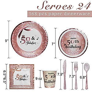 HOMIX 50 and Fabulous Party Plates Napkins Cups Sets with Plastic Cutlery Sets Serves 24 for Women 50th Birthday Party Supplies and Decorations