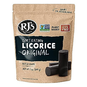 RJ's Soft Eating Australian Licorice, Original Black Flavor, 7.05oz (Pack of 1) - NON-GMO, NO HFCS, Vegan Friendly & Kosher - Batch Made in Australia