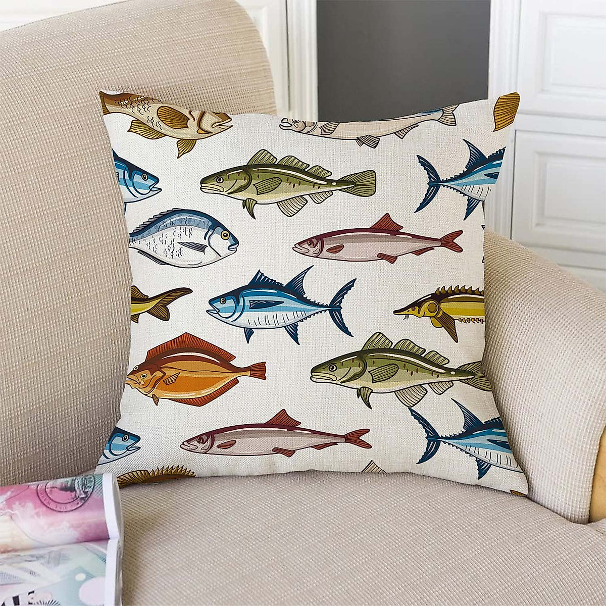 TSSOHU Outdoor Patio Throw Pillow Cover Fishs Farmhouse Décor Outside Furniture Swing Seat Bench Chair Decorative Cushion Cases 18x18 inch Deep Seat Bed Couch Sofa