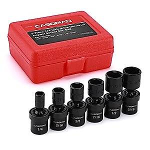 CASOMAN 1/4-Inch Drive Shallow Universal Impact Socket Set, SAE, 6 Pieces Set, 1/4" to 9/16", 6-Point, Cr-Mo, Swivel Socket