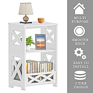 BYFU White Side Table, Small End Table with Storage Shelf, 3-Tier Nightstand Bedside Table Bookshelf Bookcase Display Rack for Small Spaces Bedroom Bathroom Living Room Office