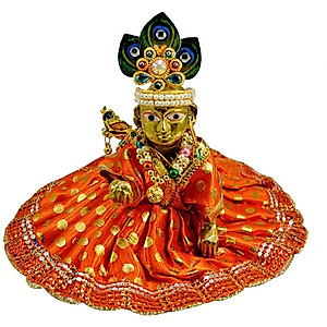 Brass Krishna Laddu Gopal Kanha Makhan Chor Statue Idol Murti Sculpture Ji Idol size no. 3 with Set of Mukut, Mala, Bansuri, Kangan, Hair and ear rings, 1 Dress Velvet(3 No.)