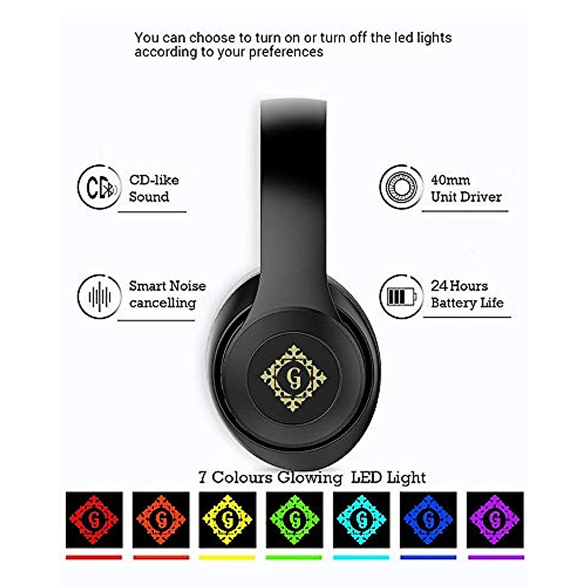 Gdine Bluetooth Headphone w/LED Light, Hi-Fi Stereo Deep Bass Bluetooth 5.0 Headphones, Noise Cancelling, Built-in Mic, Protein Earpads, Foldable & Comfortable Headset for Game, Travel, Home, Office