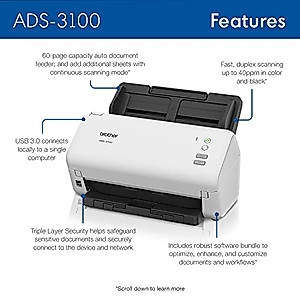 Brother ADS-3100 High-Speed Desktop Scanner | Compact with Scan Speeds of Up to 40ppm