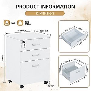 QDSSDECO 3 Drawer Mobile File Cabinet, Rolling Vertical Filing Cabinet fits A4, Legal Paper and Letter Paper for Home Office, White with Lock