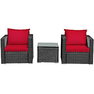Tangkula 3 Pieces Patio Furniture Set, PE Rattan Wicker Sofa Set w/Washable Cushion and Tempered Glass Tabletop, Outdoor Conversation Furniture for Garden Poolside (Red)