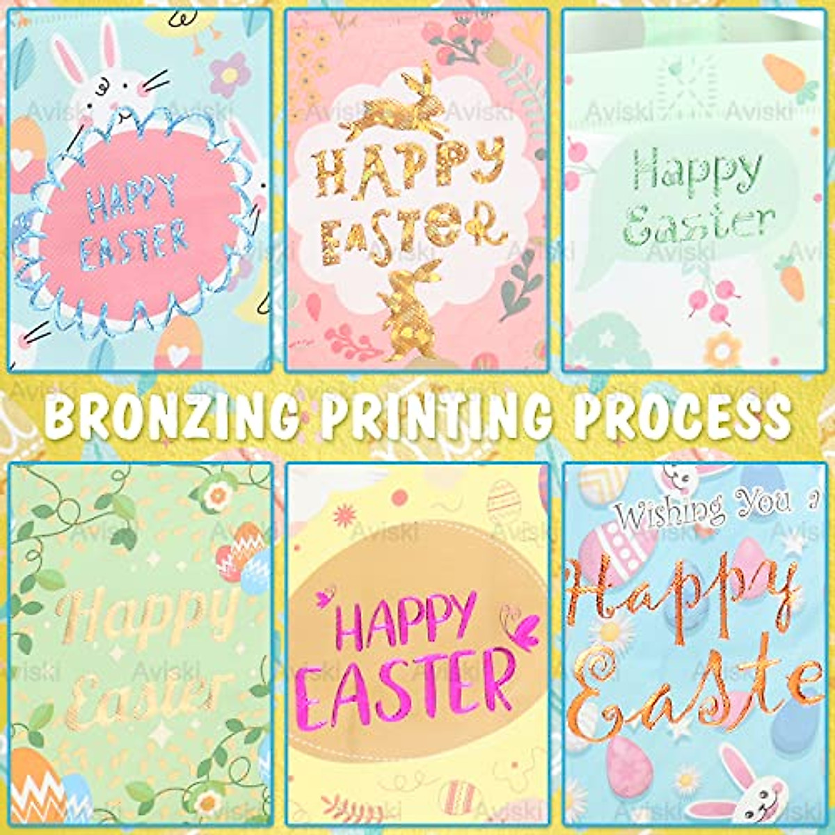 6PCS Happy Easter Egg Hunt Bags Bunny Carrot Chick Metallic Printing Gift with Handles, Treat Bags, Multifunctional Non-Woven for Gifts Wrapping, Party Supplies , 8.3×7.9×5.9inch