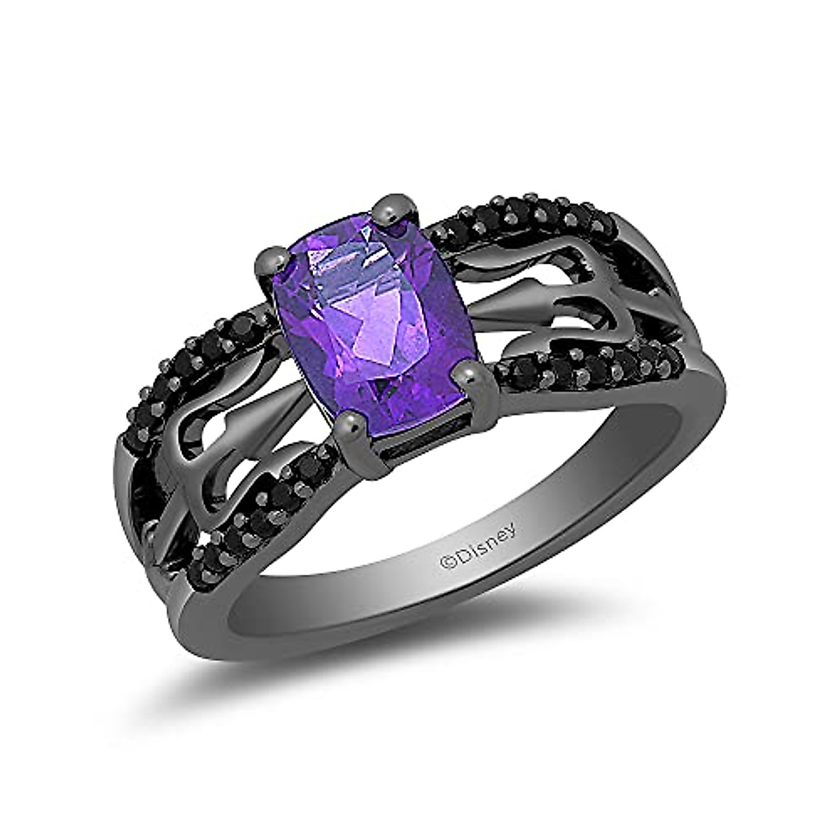 Jewelili Enchanted Disney Fine Jewelry Black Rhodium over Sterling Silver 8x6 MM Cushion Shape Amethyst and 1/5 Cttw Treated Black Round Diamond Ursula Ring, Size 7