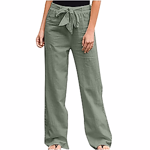 Bravetoshop Women's Cotton Linen Pants Wide Leg Palazzo Lounge Pants with Pockets High Rise Casual Loose Trousers Pants (Green,XXXXL)