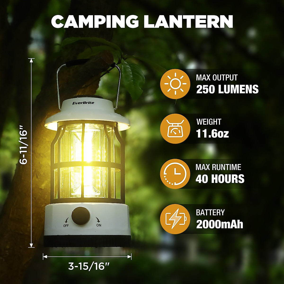 EverBrite LED Camping Lantern, USB C Rechargeable Lantern with Stepless Dimming, Vintage Portable Camping Lights & Lanterns, Lanterns for Power Outages, Hurricane, Emergency, Fishing, Home and More