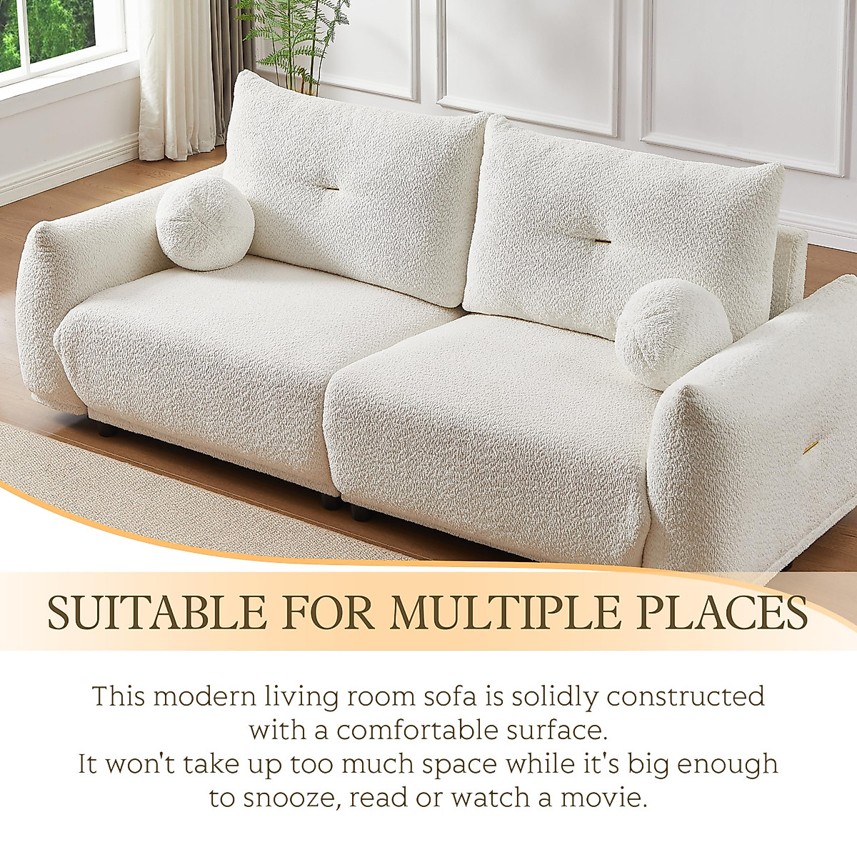 DAMAIFROM Boucle Sofa Cloud Couch, 90.5" Modern Comfy Teddy Sofa Deep Seat Futon Couch with Pillows, Cozy Soft Upholstered 3 Seater Sofa Oversized Loveseat Sofas for Living Room, Apartment, Beige