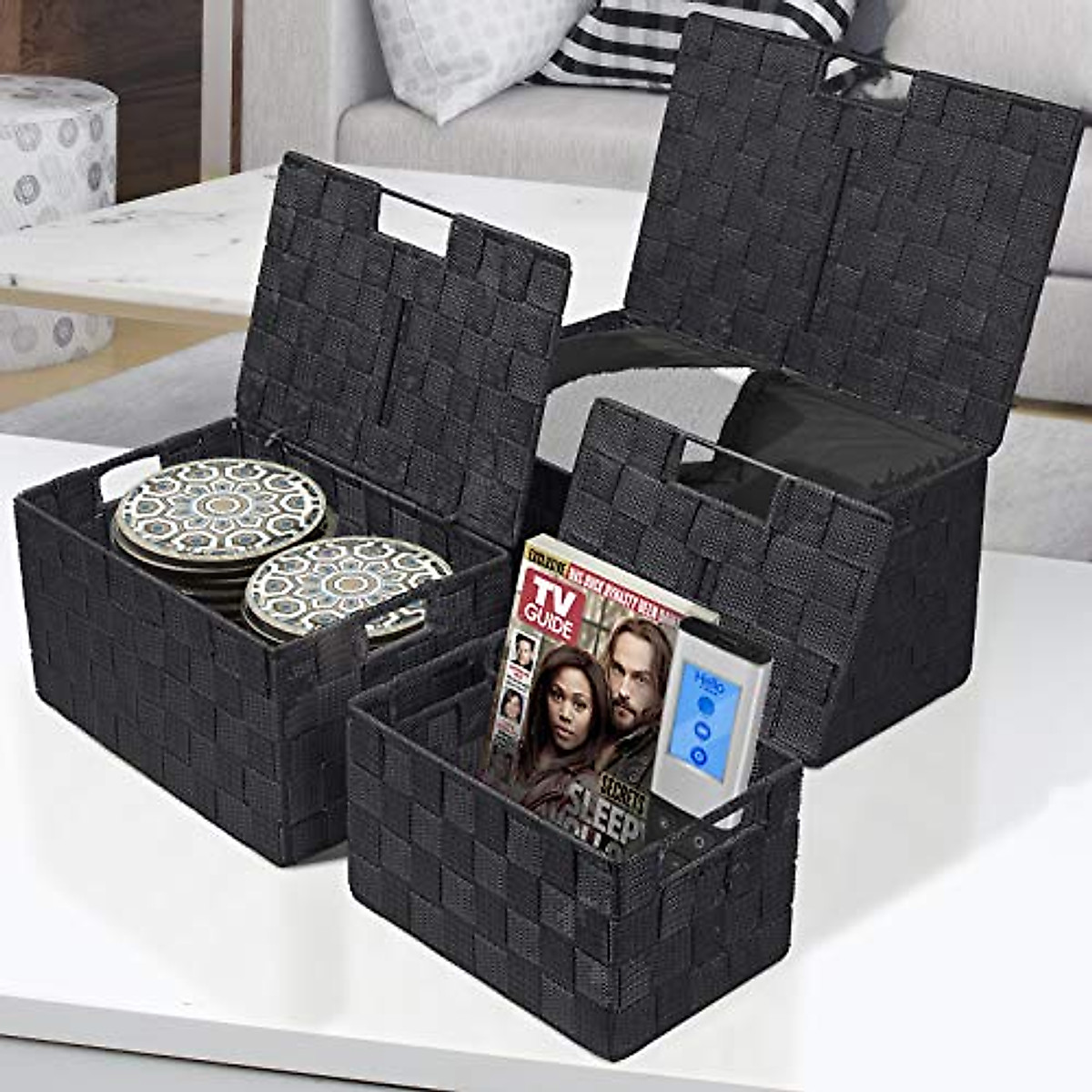 Sorbus Foldable Storage Cube Woven Basket Bin Set - Built-In Carry Handles - Great for Home Organization, Nursery, Playroom, Closet, Dorm, etc (Lid Bins - 3 Pack, Black)