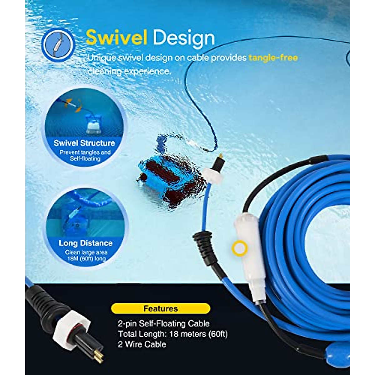 9995862 DIY Swivel Cable 2 Wire, 18M, Replace for Dolphin Pool Cleaners M200, Nautilus CC Plus, Maytronics 9995862-DIY