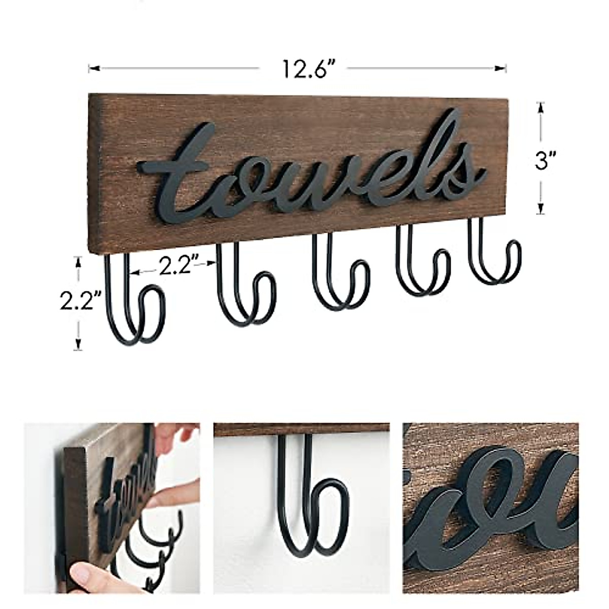 Mkono Towel Holder Wall Mounted Towel Rack Bathroom Decor Rustic Wood Towel Hooks to Hang Towels Bathrobe Robe Coat Clothing, 12.6" x 5.2" Bath Towel Hanger Storage Home Decor Organizer