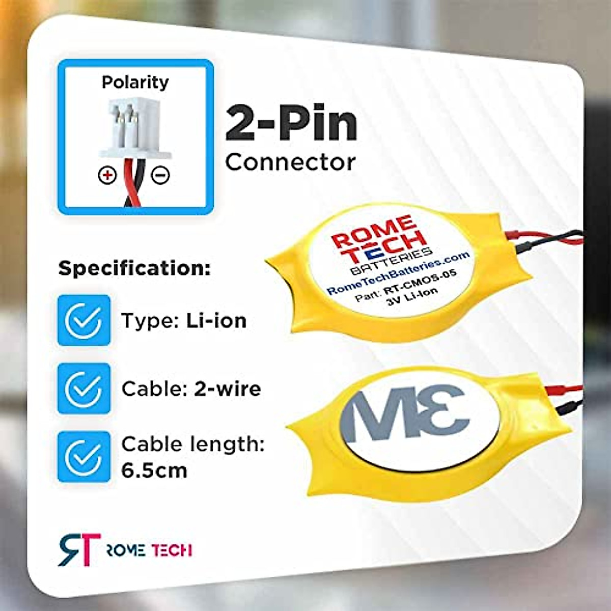 Rome Tech CMOS Battery for Dell Alienware M11x / Dell Alienware M11x R2 / Dell Alienware M11x R3 / Dell Alienware M14x / Dell Alienware M14x R2 - Backup BIOS RTC 3V CR2032 with 2 Pin 2 Wire Cable