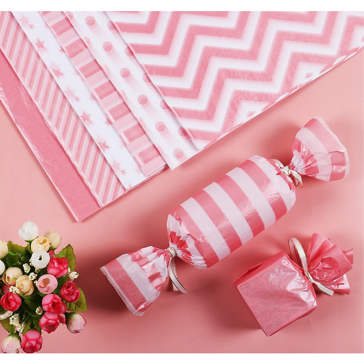 MAMUNU 120 Sheets Light Pink Tissue Paper Set, Metallic Gold Design Gift Wrapping Tissue Paper for Home, Kitchen, Packing, DIY Crafts (20 Sheets Each of 6 Patterns, 50CM X 35CM)